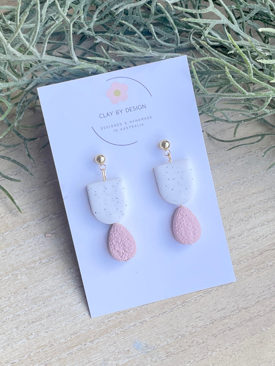 White granite & pink bead dangles – Clay By Design Aus